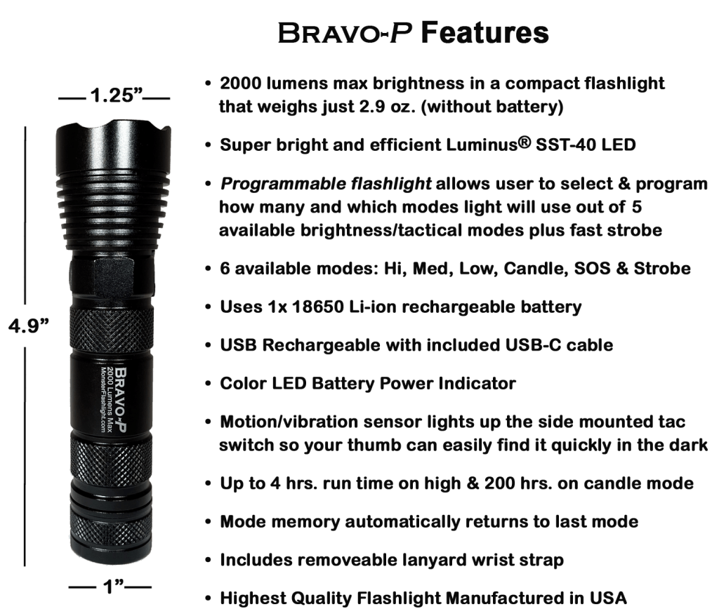 MF Tactical Bravo-P Programmable 2000lm USB Rechargeable LED Flashlight